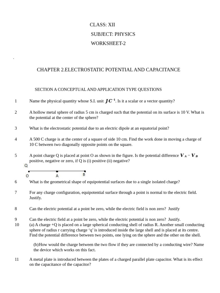 Worksheet 2 Electrostatic Potential and Capacitance 2019-20 | PDF ...