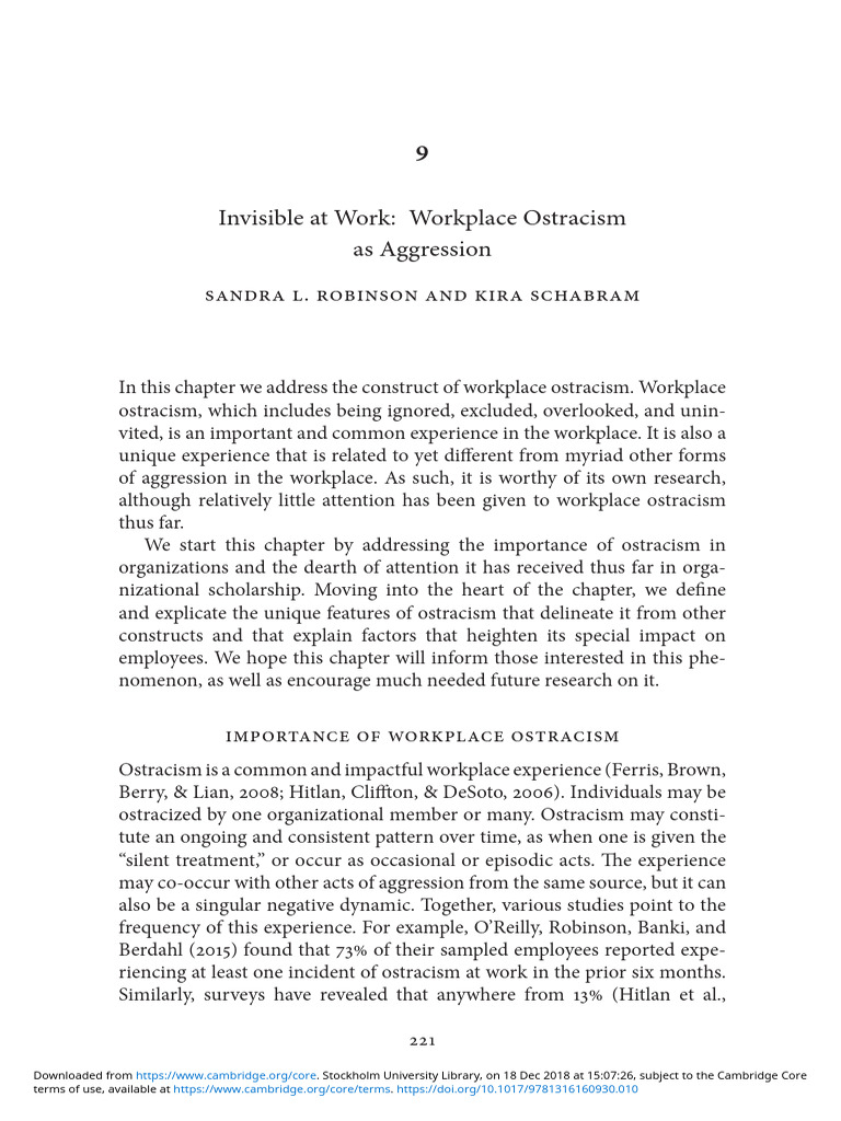 Invisible at Work Worplace Ostracism As Aggression | PDF | Intention ...