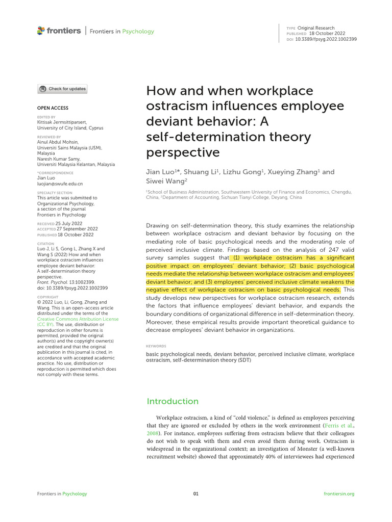 Workplace Ostracism and Employee Deviance | PDF | Motivation | Motivational