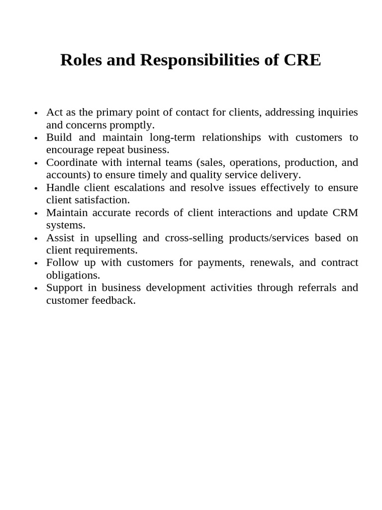Roles and Responsibilities of CRE | PDF