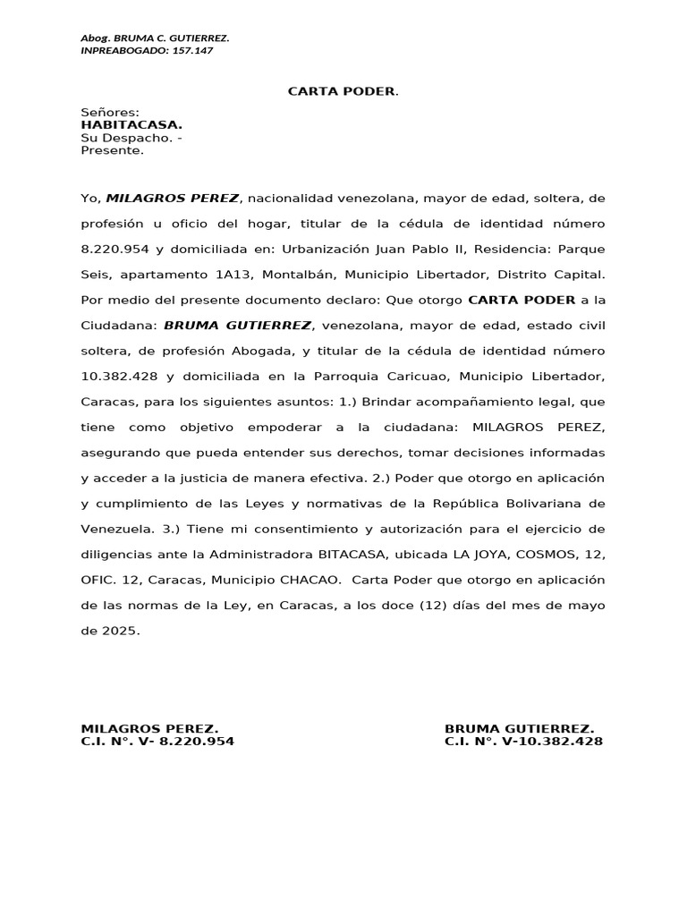 Carta Poder de Milagros Pérez a Bruma Gutiérrez | PDF