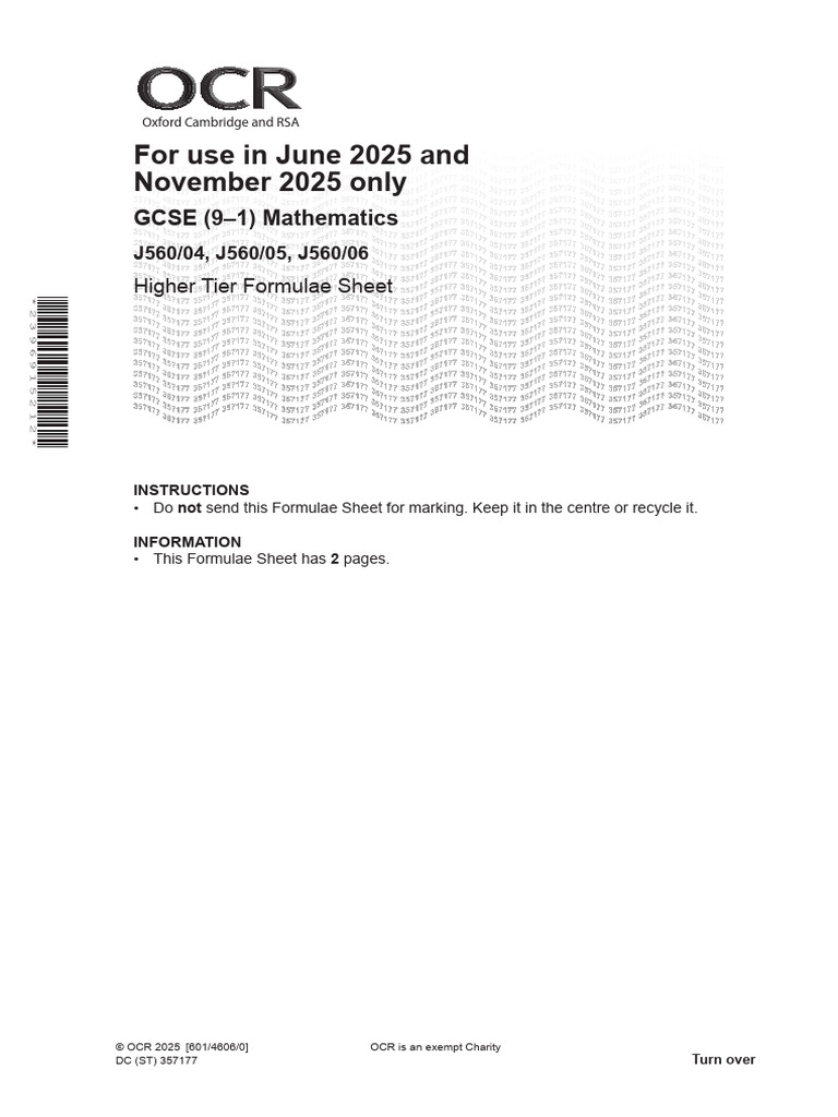 GCSE MATHS Formula Sheet | PDF | Area | Mathematics