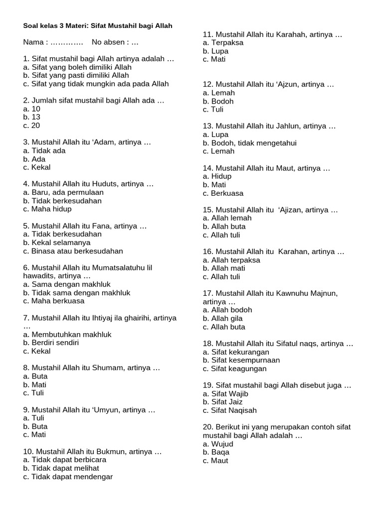Soal Materi Sifat Mustahil Allah Kls 3 | PDF