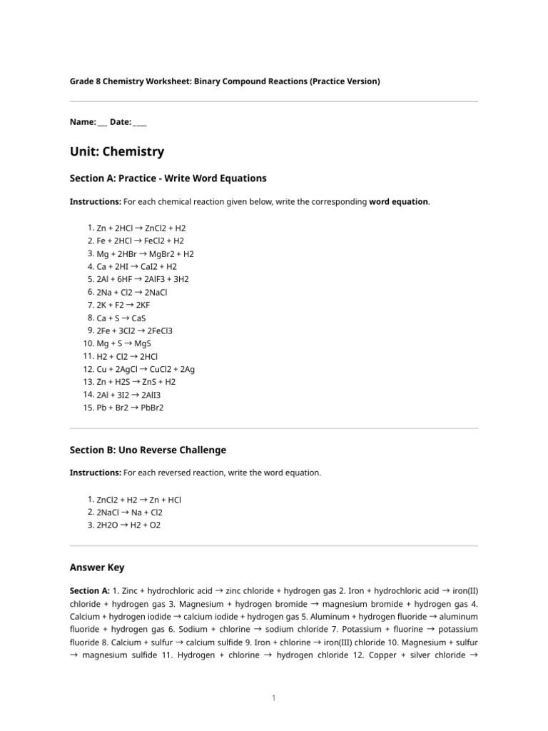 Grade 8 Binary Compound Reactions Worksheet | PDF