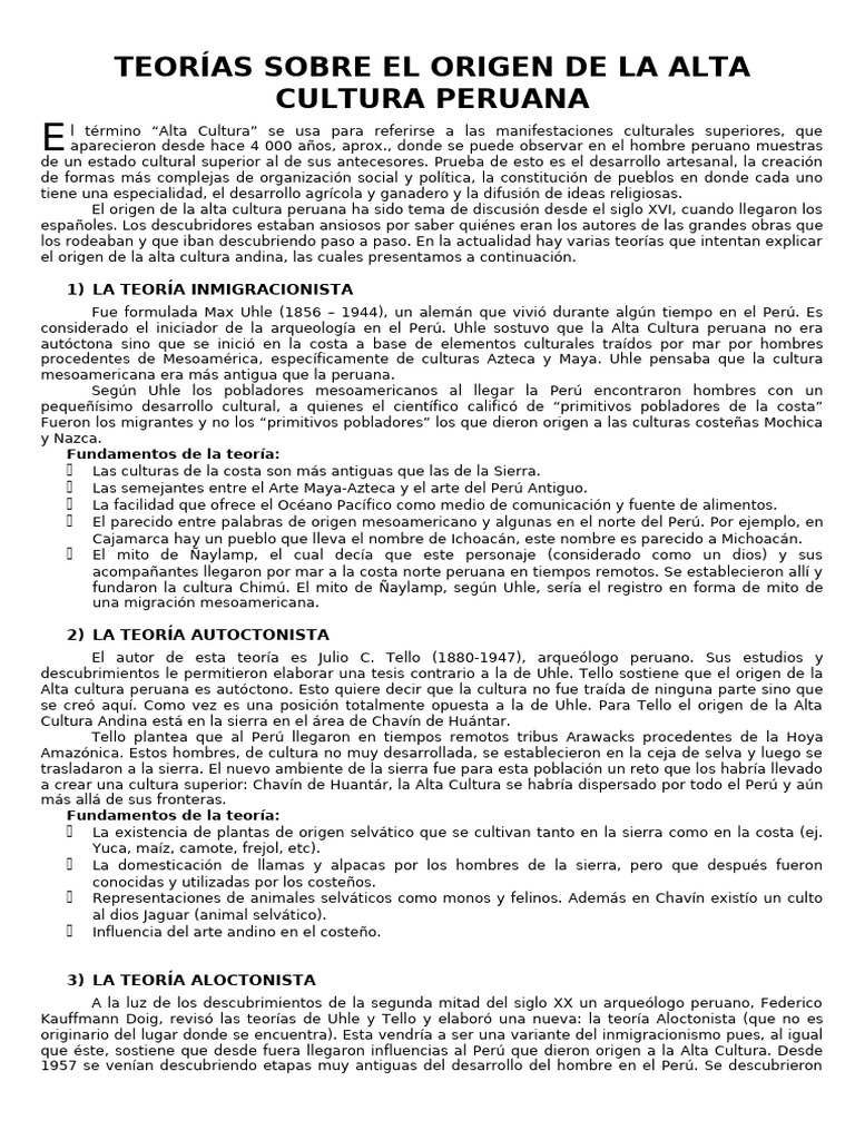 Ficha 10 - Teorías Sobre El Origen de La Cultura Andina | PDF | Perú ...