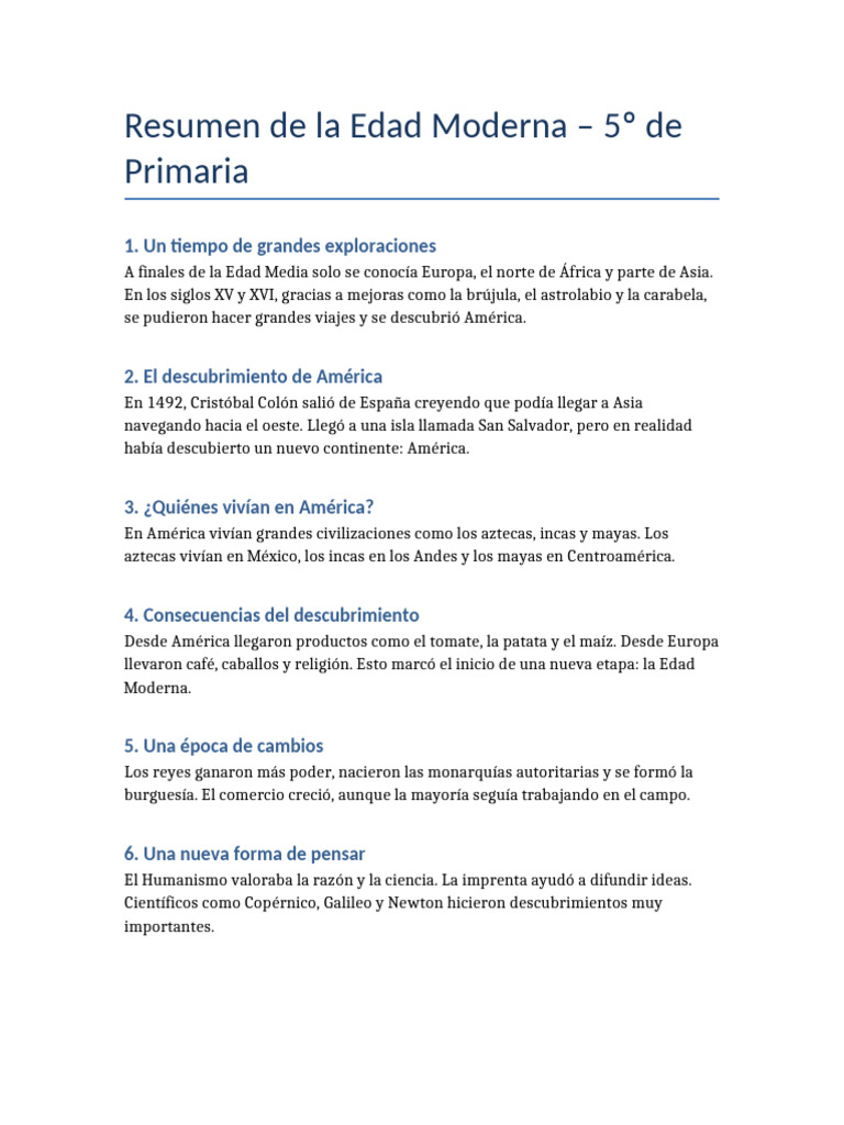 Resumen de la Edad Moderna para 5º Primaria | PDF