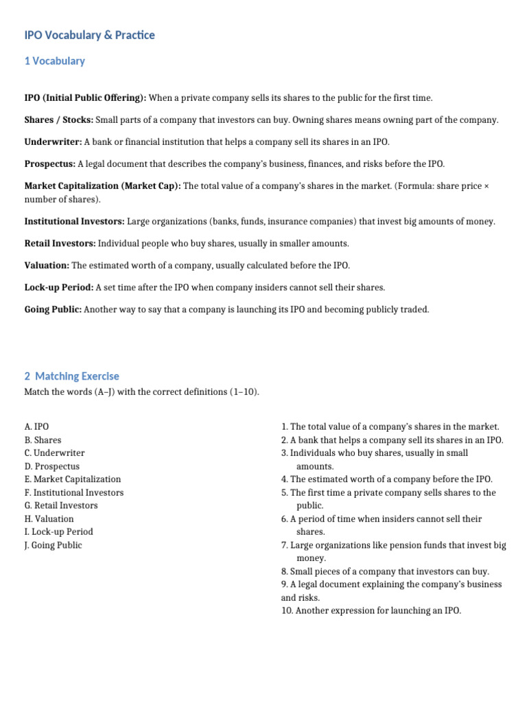IPO Vocabulary and Practice Guide | PDF | Initial Public Offering ...