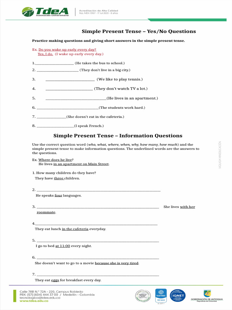 Simple Present Tense Question Practice | PDF | Linguistics | Grammar