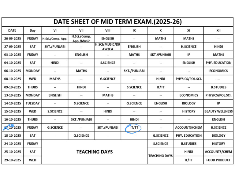 Date Sheet Mid Term 25-26_251010_201725 | PDF