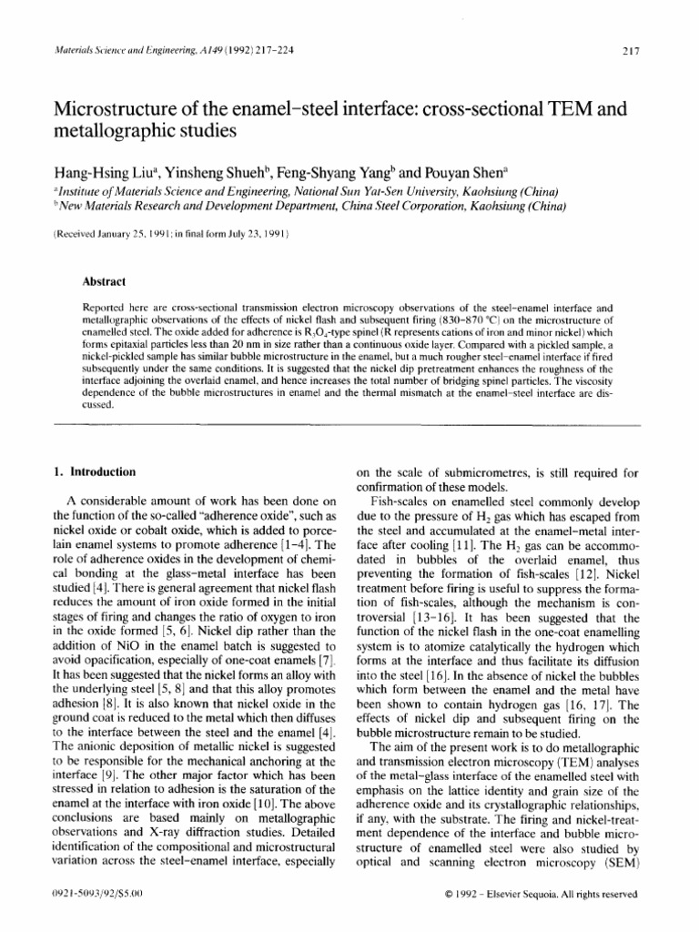 1991 - Microstructure of The Enamel-Steel Interface Cross-Sectional TEM and | PDF | Transmission ...