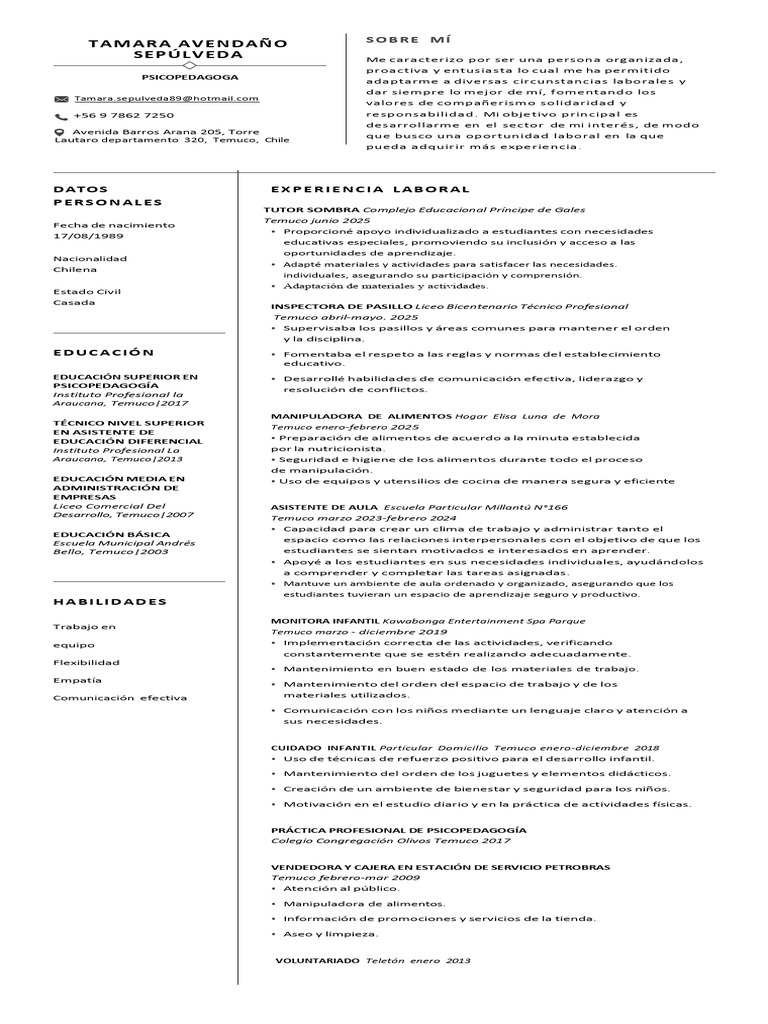 CV Tamara Avendaño Sepúlveda | PDF | Aprendizaje | Cognición