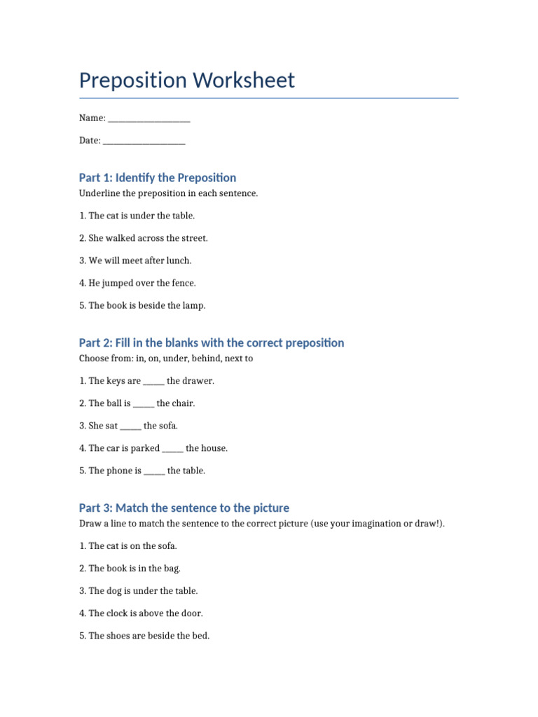 Preposition Worksheet | PDF