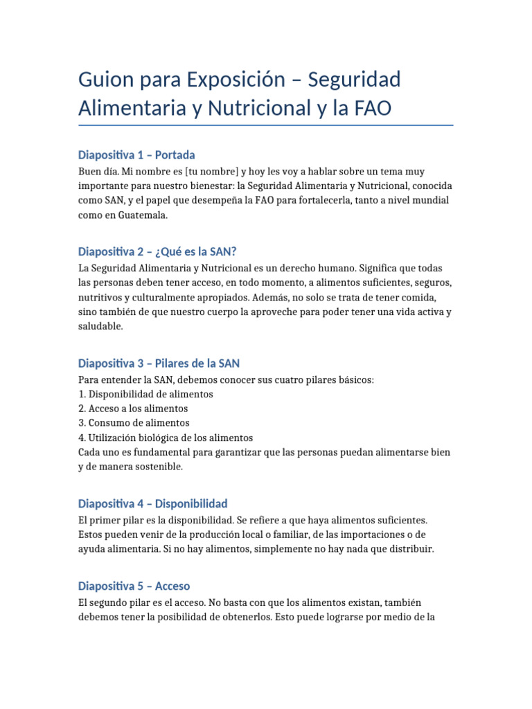 Guion - Exposicion - SAN - y - FAO Eyyrvruf8rhbr Hi J | PDF | Organización de Comida y ...