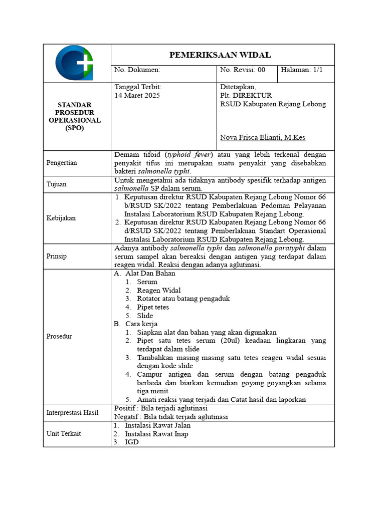 28. Sop Pemeriksaan Widal | PDF