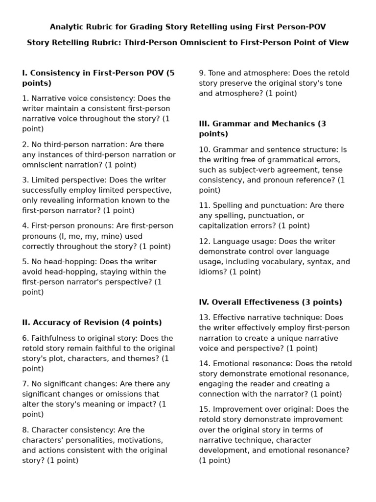 Analytic Rubric For Grading Story Retelling Using First Person | PDF ...