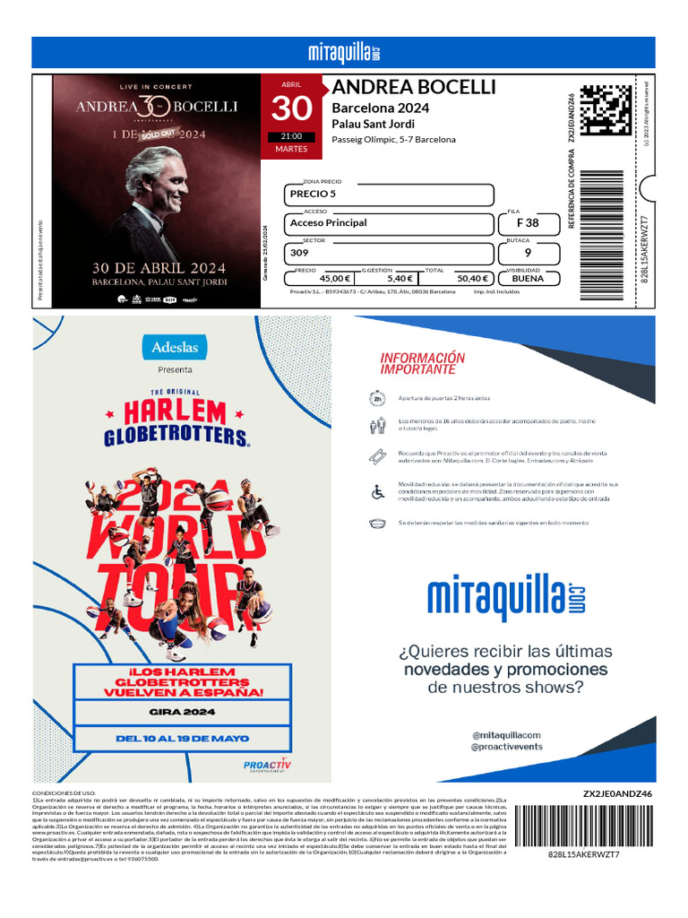 Entradas Andrea Boccelli 30-04 | PDF