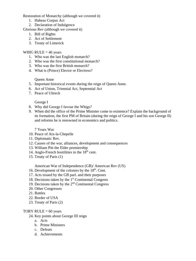 Questions On Restoration of Monarchy, Whig and Tory Rule | PDF