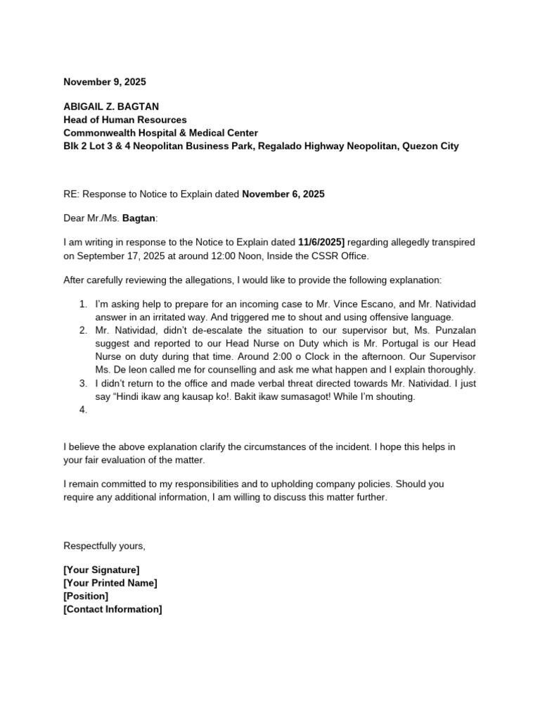 Notice to Explain NTE Response Format | PDF