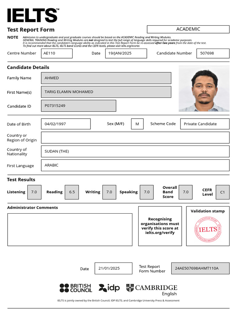 IELTS Test Report for Ahmed Elamin | PDF | International English ...