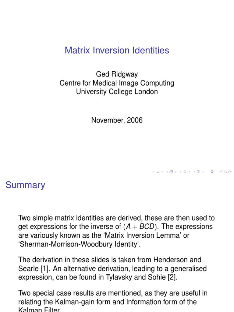 Matrix Inversion Lemma Pdf Kalman Filter Matrix Mathematics 