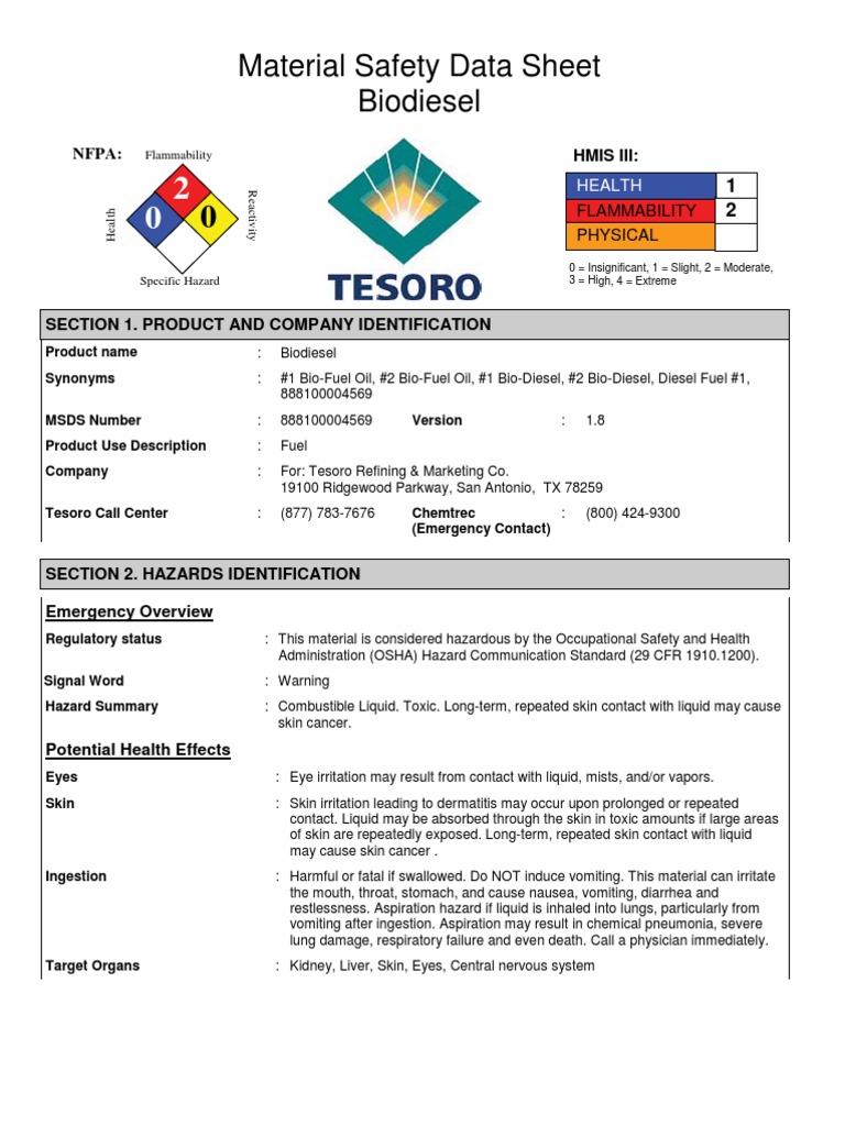 Material Safety Data Sheet Biodiesel: Nfpa: Hmis Iii | PDF | Technology ...