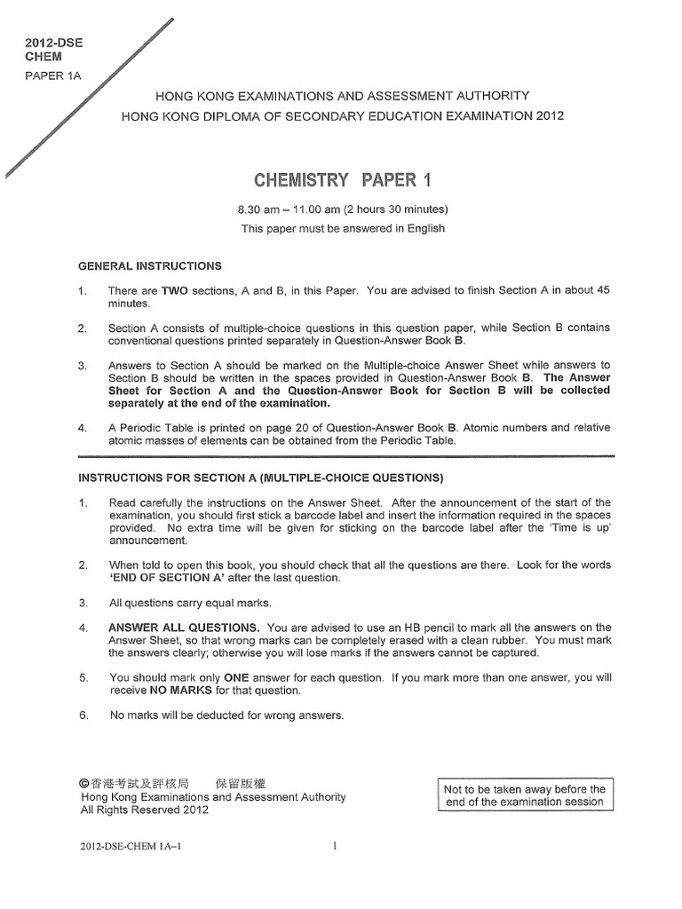 12 Chem Paper 1A | PDF