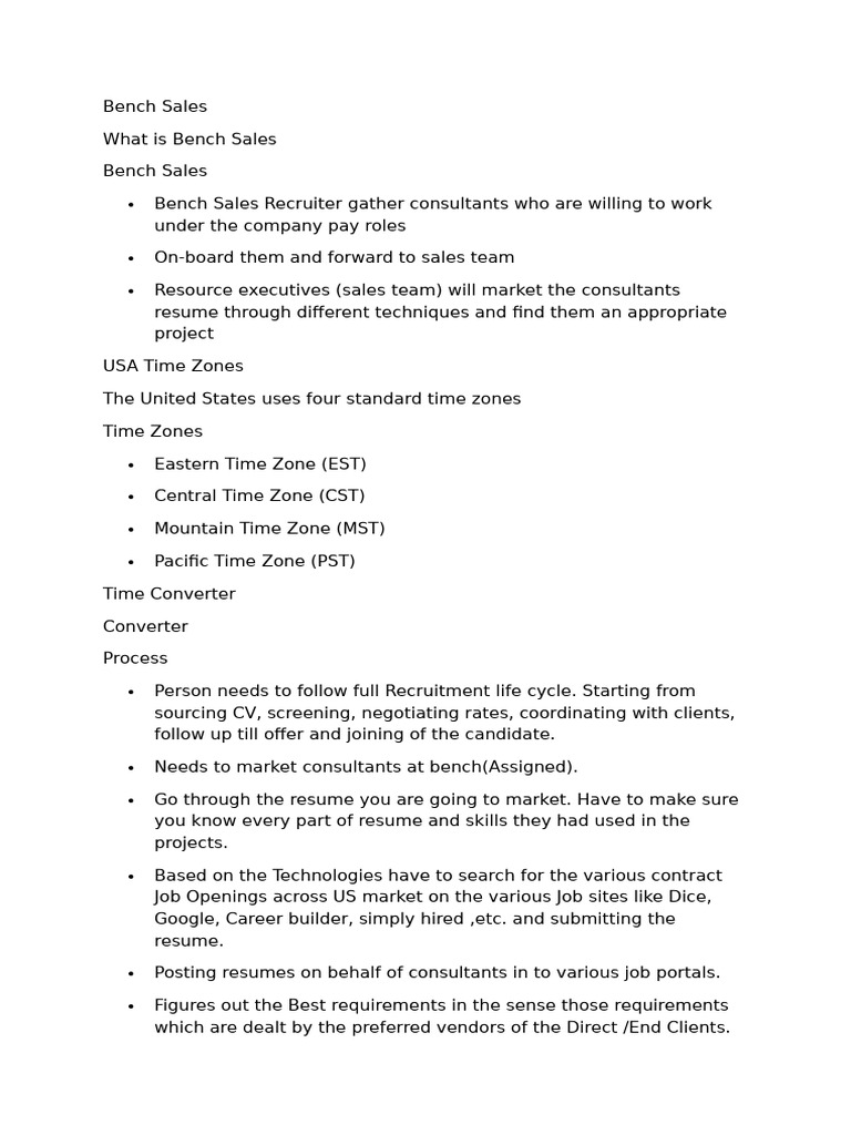 Bench Sales Recruitment Process Guide | PDF | Employment | Résumé