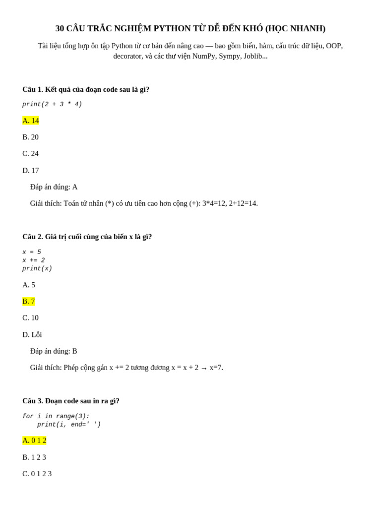 30 Cau Trac Nghiem Python Tu de Den Kho | PDF