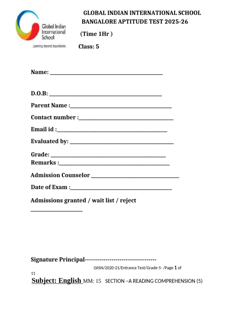 GIIS Bangalore Aptitude Test 2025-26 | PDF | Linguistics