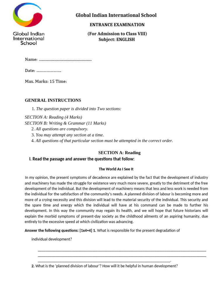 Class VIII Entrance Exam Paper | PDF