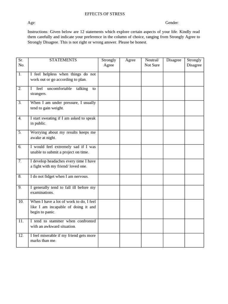 Effects of Stress - Questionnaire | PDF