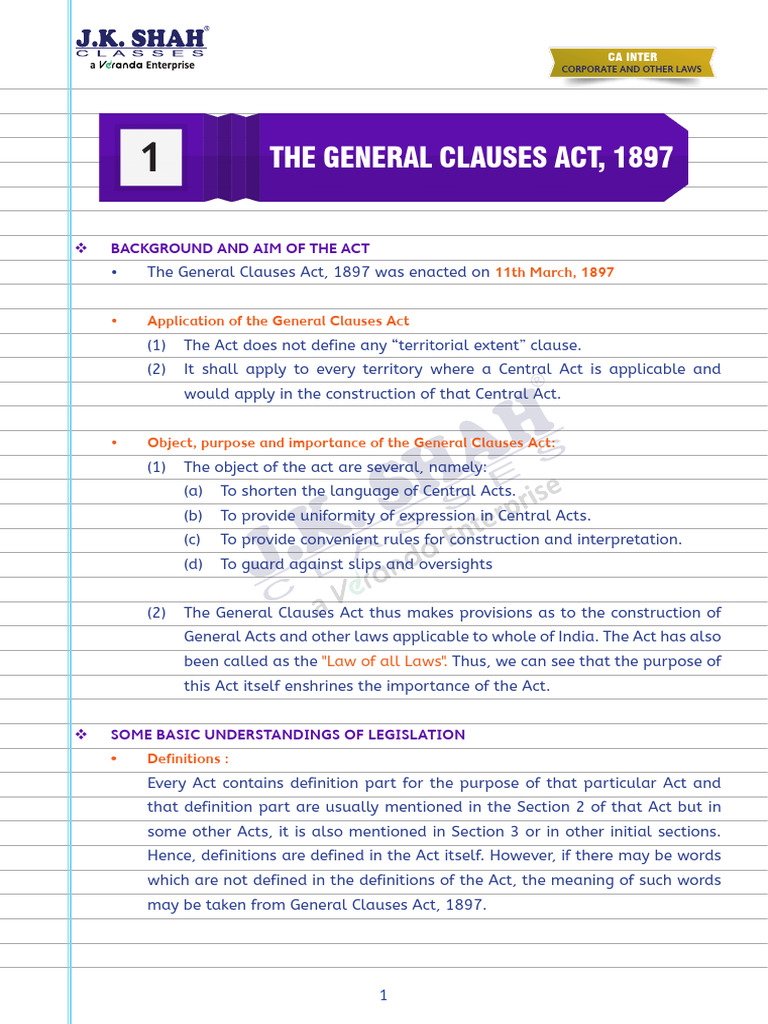 CH 1 - The General Clauses Act 1897 | PDF | Affidavit | Fine (Penalty)