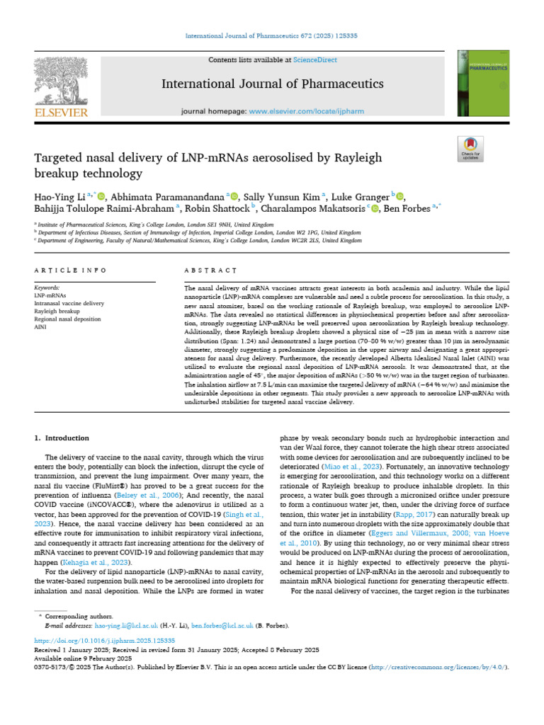 Targeted nasal delivery of LNP-mRNAs aerosolised by Rayleigh breakup ...
