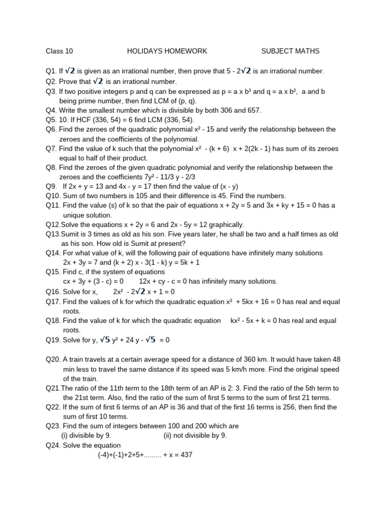 Class 10 Maths Holiday Homework | PDF | Polynomial | Numbers
