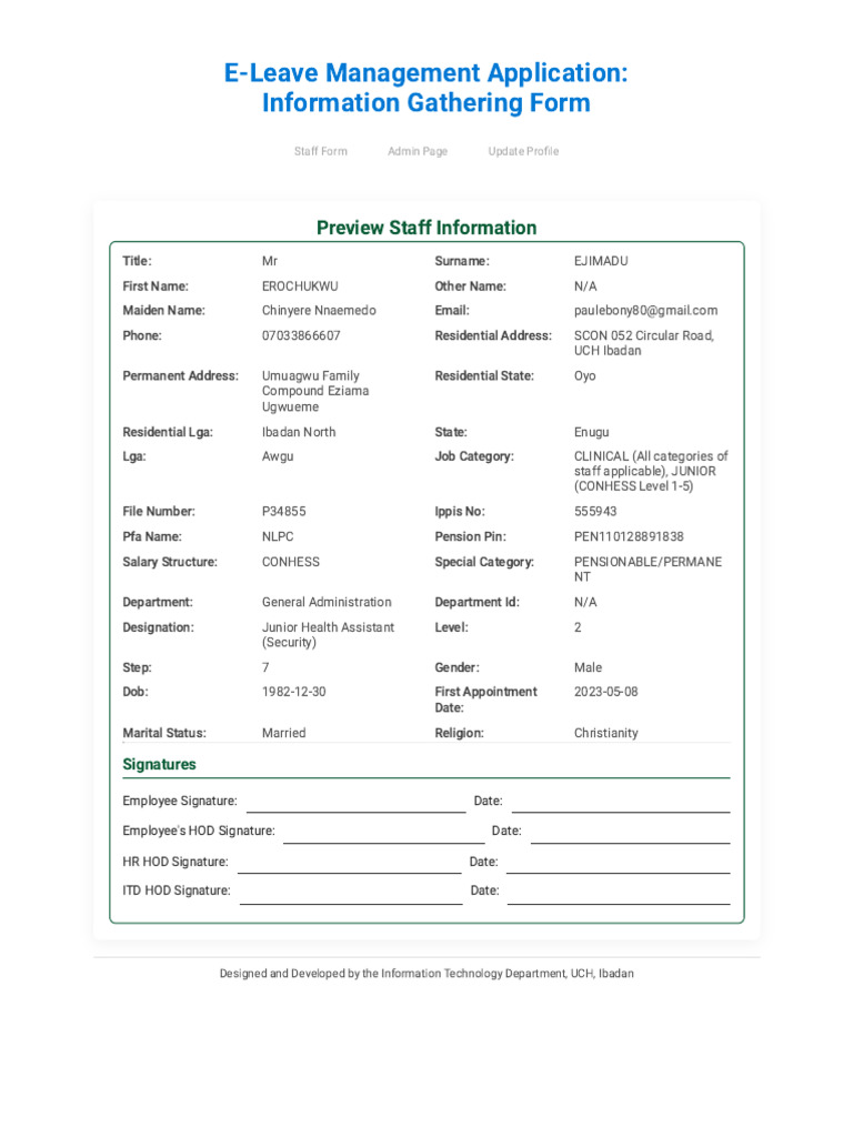 E-Leave EJIMADU Management Application_ Information Gathering Form | PDF