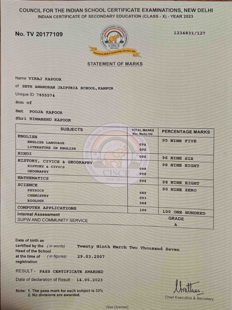 Viraj Kapoor Grade 10th Transcript | PDF