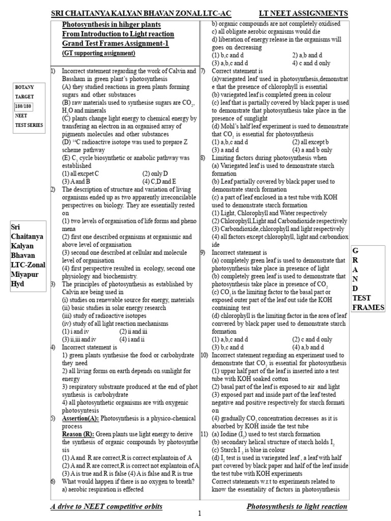 Photosynthesis in Higher Plants GT Frames Assignment-1 2025 | PDF | Photosynthesis | Chloroplast