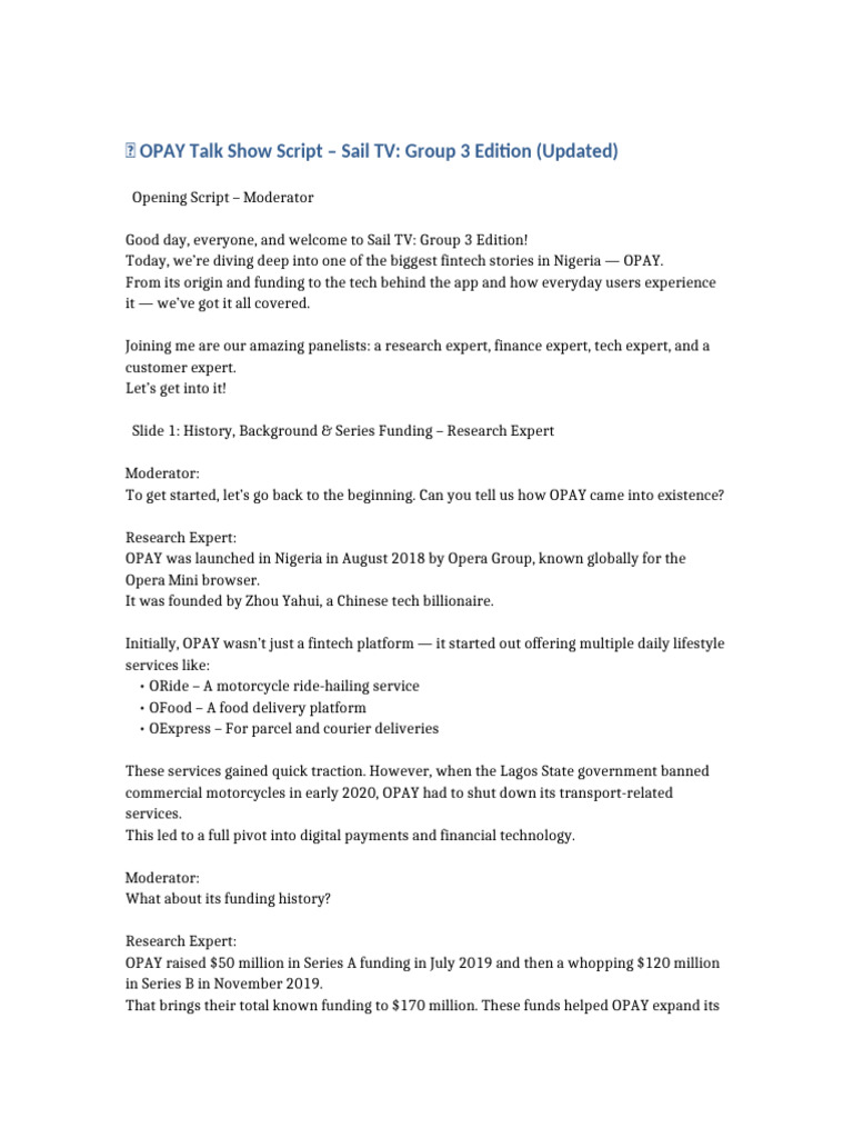 OPAY Talk Show Script Full Group3 | PDF | Financial Technology | Finance & Money Management