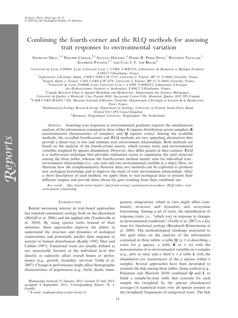 Combining Fourth-Corner and RLQ Methods | PDF | Ecology | Statistics