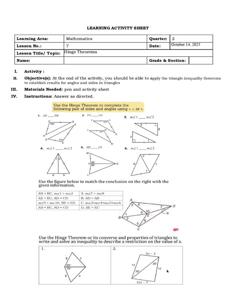 Hinge Theorems Activity Sheet | PDF