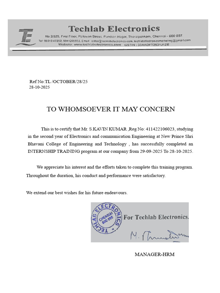 Internship Certificate for S. Kavin Kumar | PDF