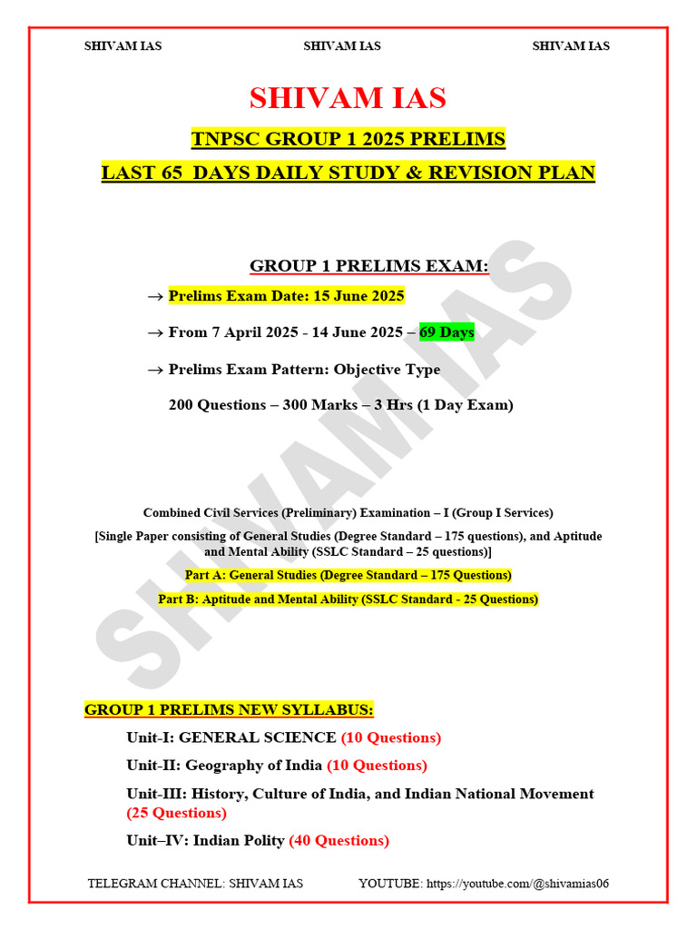 TNPSC GROUP I 2025 Prelims Last 65 Days Pakka Study & Revision Plan | PDF | Tamil Nadu