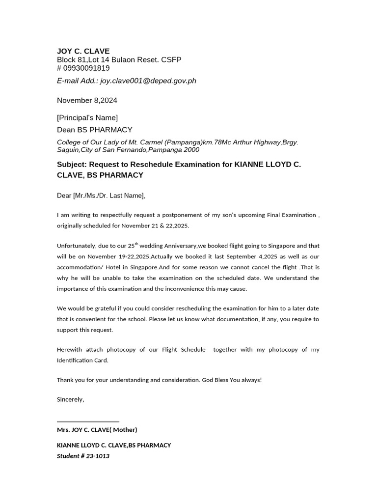 Request to Reschedule Exam for Kianne Clave | PDF