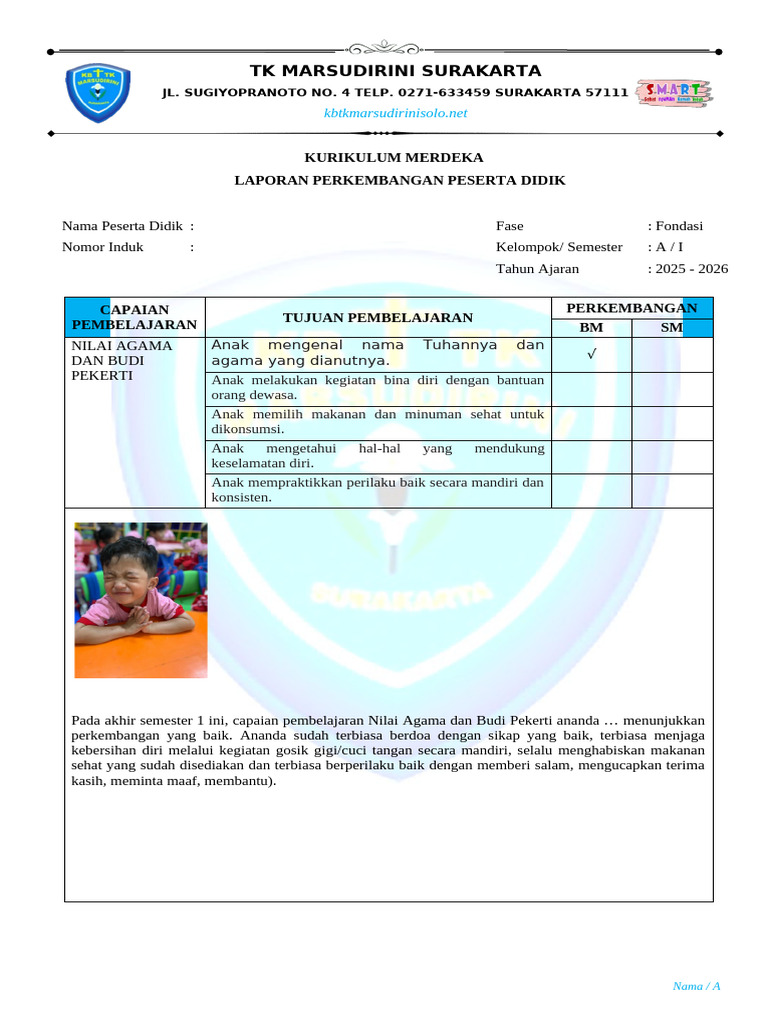 Longsongan Rapot TK A | PDF