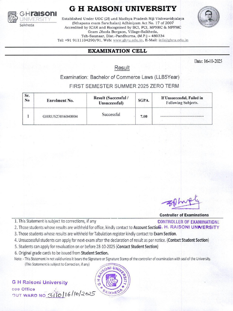 1st Semester B, Com LLB (5year) Summer 2025 Zero Term Result Sheet | PDF