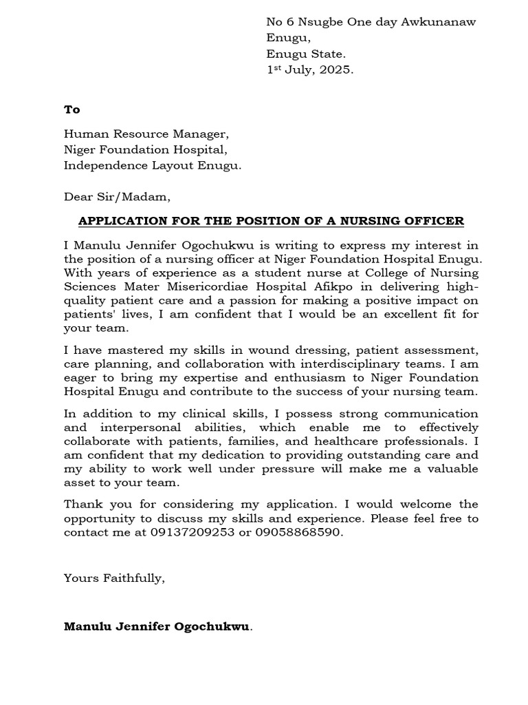 Application Letter For Manulu Jennifer For Position of A Registered ...