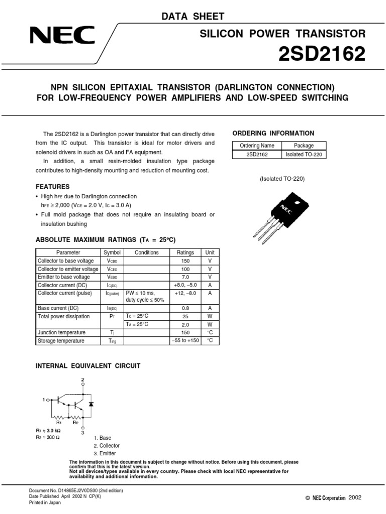2SD2162 NPN Darlington Transistor Data Sheet | PDF | Bipolar Junction ...