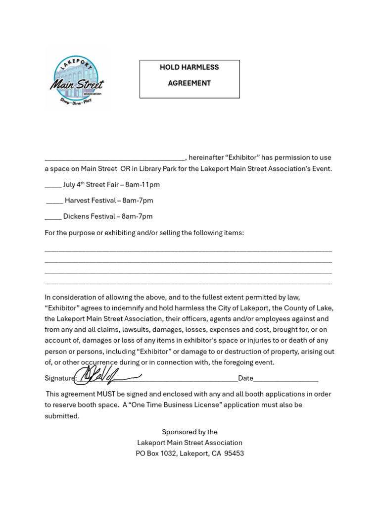 Vendor Hold Harmless Form | PDF