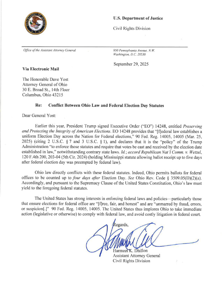 DOJ Letter To Ohio | PDF