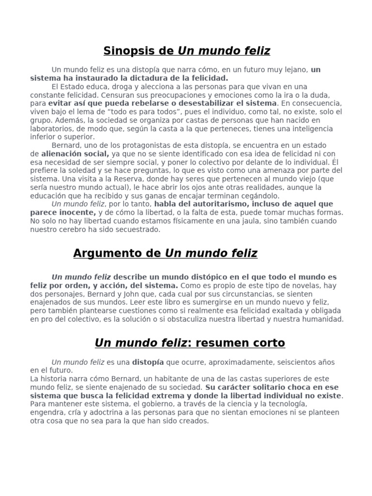 Resumen de "Un mundo feliz" | PDF | Distopía | Felicidad